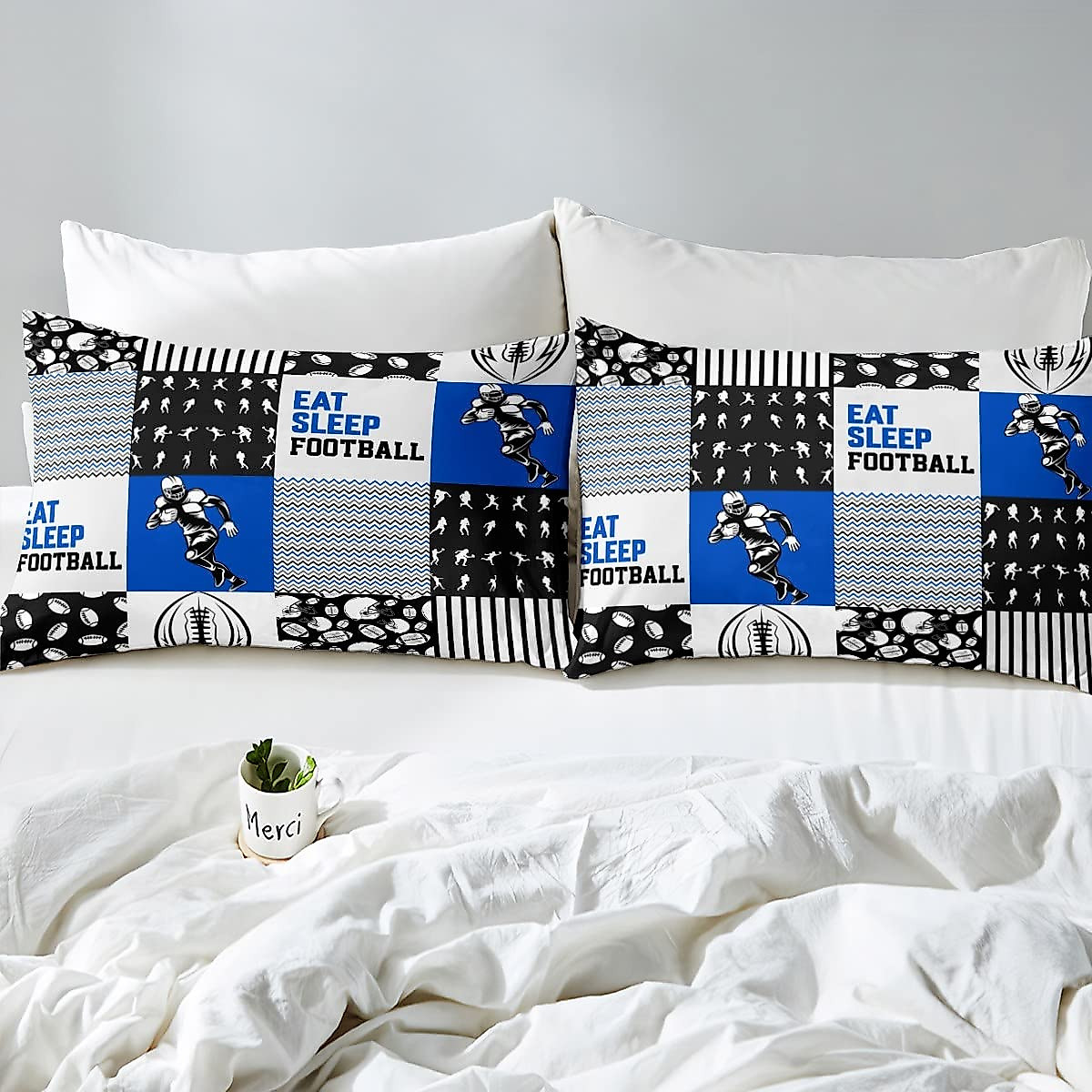 Erosebridal Football Bedding Sets Full Size,Football Player Duvet Cover for Teens Adult,Ball Game Patchwork Comforter Cover for Gift,Geometry Eat Sleep Football Artwork Bed Sets with 2 Pillowcases