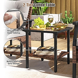 HAPPYGRILL 5 Pieces Patio Conversation Set, Outdoor Wicker Furniture Set with Armchairs, 2-Tier Coffee Table, 2 Ottomans and Cushions, Rattan Outdoor Chair Set for Backyard, Front Porch, Poolside
