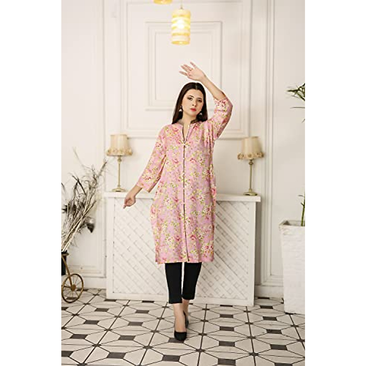 IshDeena Pakistani Kurtis for Women Indian Style - Kurta Tops M to Plus Size, Printed Soft Linen Shirts, Casual & Festive (3X-Large/Pastel Pink)