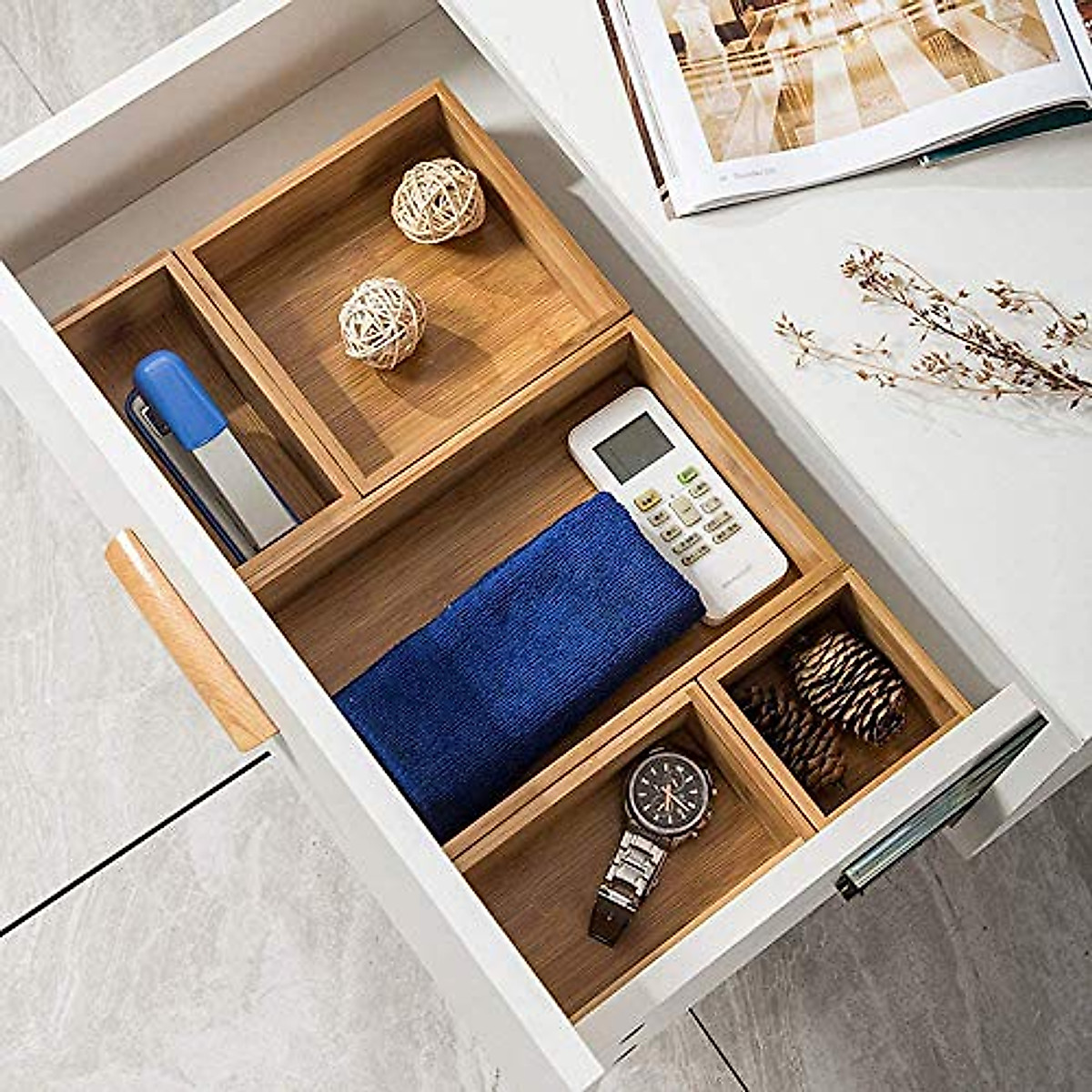 Lawei Set of 5 Bamboo Drawer Organizer Boxes, Desk Storage Box Kit, Drawer Storage Containers Tray Bins for Office, Kitchen, Bedroom, Children Room, Craft, Sewing