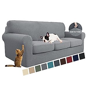YEMYHOM Latest Checkered 4 Pieces Couch Covers for 3 Cushion Couch High Stretch Thickened Sofa Cover for Dogs Pets Elastic Slipcovers Living Room Furniture Protector (Light Gray), 71"-91"(3 Cushions)