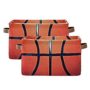 Sport Basketball Storage Bin Canvas Toys Storage Basket Bin Large Storage Cube Box Collapsible with Handles for Home Office Bedroom Closet Shelves，2 pcs
