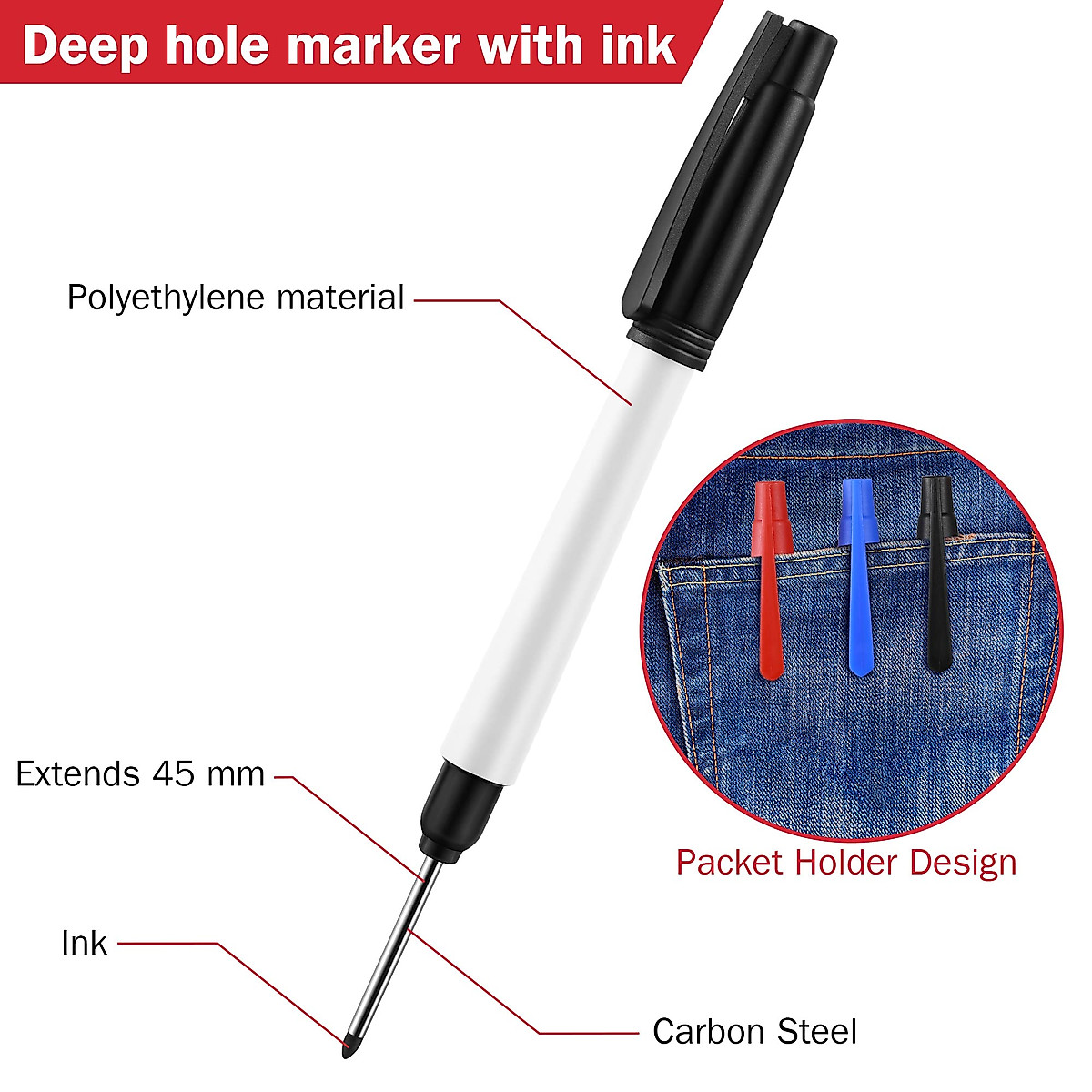 Mechanical Carpenter Pencil Set, 3 Pcs Woodworking Pencil with Built in Sharpener and 12 Pcs Refills, 3 Pcs Long Nose Deep Hole Marker Pen, Scriber Marking Tools for Architect (Red, Black, Yellow)