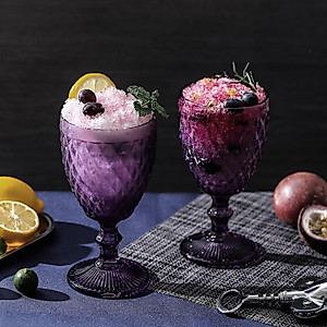 1500° C TABLETOP Purple Colored Goblet Glasses 10 oz. set of 6 Water Goblets Vintage Glassware Embossed with Diamond Pattern for Iced Tea Beverage for Party and Wedding