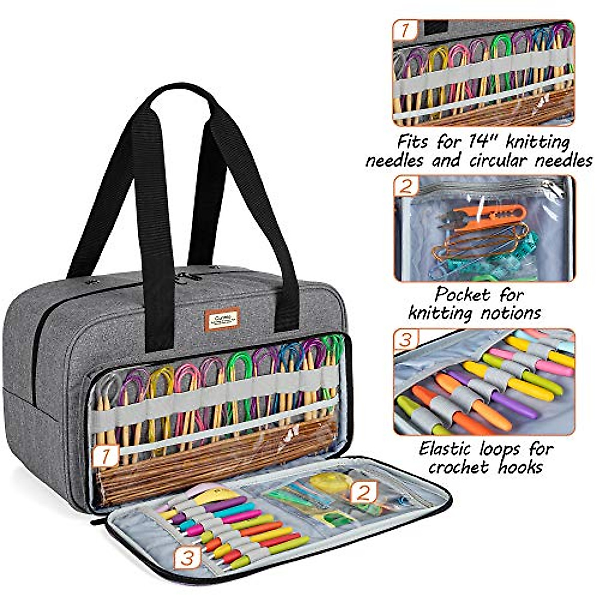 CURMIO Yarn Storage Bag, Knitting Tote Bag for Crochet Hooks, Knitting Project and Accessories, Ideal for Crochet Beginners and Knitting Lovers, Bag Only, Gray