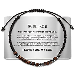 TAGOMEI To My Son Bracelet from Mom, I Love You Morse Code Bracelet with Engraved Wallet Card Graduation Gifts for Son Men Boys, Adjustable Handmade Mens Beaded Bracelets Birthday Anniversary Gift