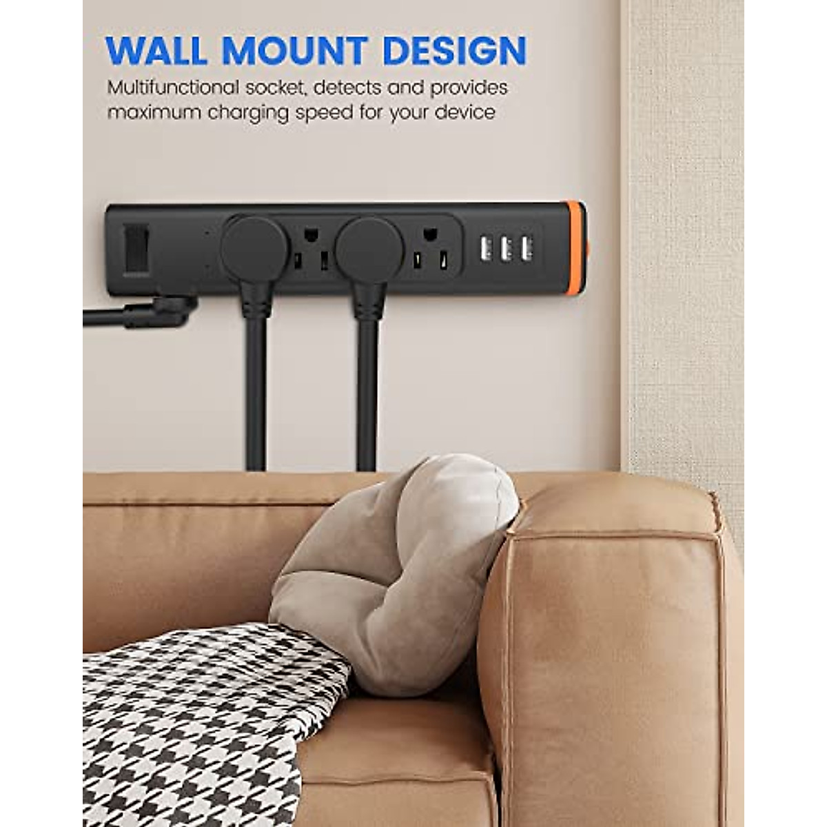 Power Strips Surge Protectors 【2 Pack】 6-Foot Long Black Outlets Surge Protector Outlet Flat Plug with 3 USB Ports 4 Outlet Extender 900J Overload Protection 1875W/15A Total 5V/3A Black