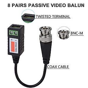 Passive Video Balun Connector 20 Pairs Cat5 HD Mini CCTV BNC Video Balun Transceiver Cable with Lighting Protection and Coax BNC Connector to RJ45 Terminal for CCTV Surveillance Camera Systems
