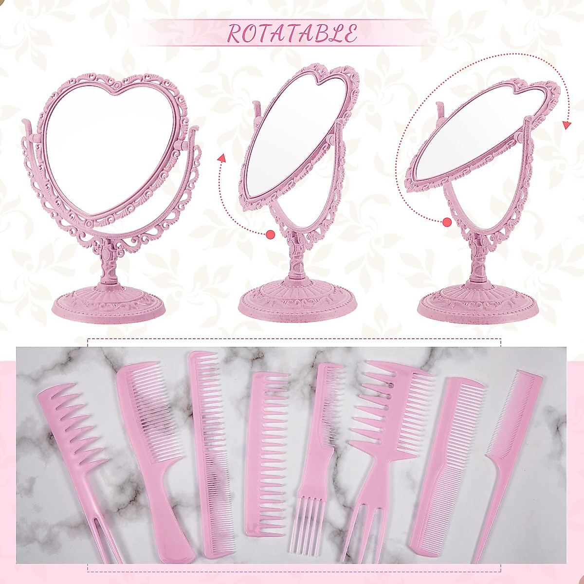 CHENGU Heart Shaped Mirror 8 Pieces Hair Styling Combs Double Sided Rotatable Dresser Heart Mirror Makeup Gifts for Girls Gift Vanity Tabletop(Pink)