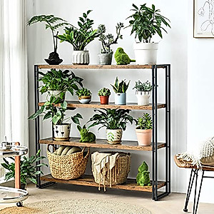 Bookshelf,4-Tier Industrial Bookcase,Rustic Wood and Metal Open Display Book Shelves Home Office,Bedroom Standing Shelf Unit,Horizontal Kitchen Shelf Organizer,Bathroom Storage Rack Mid Century 47in