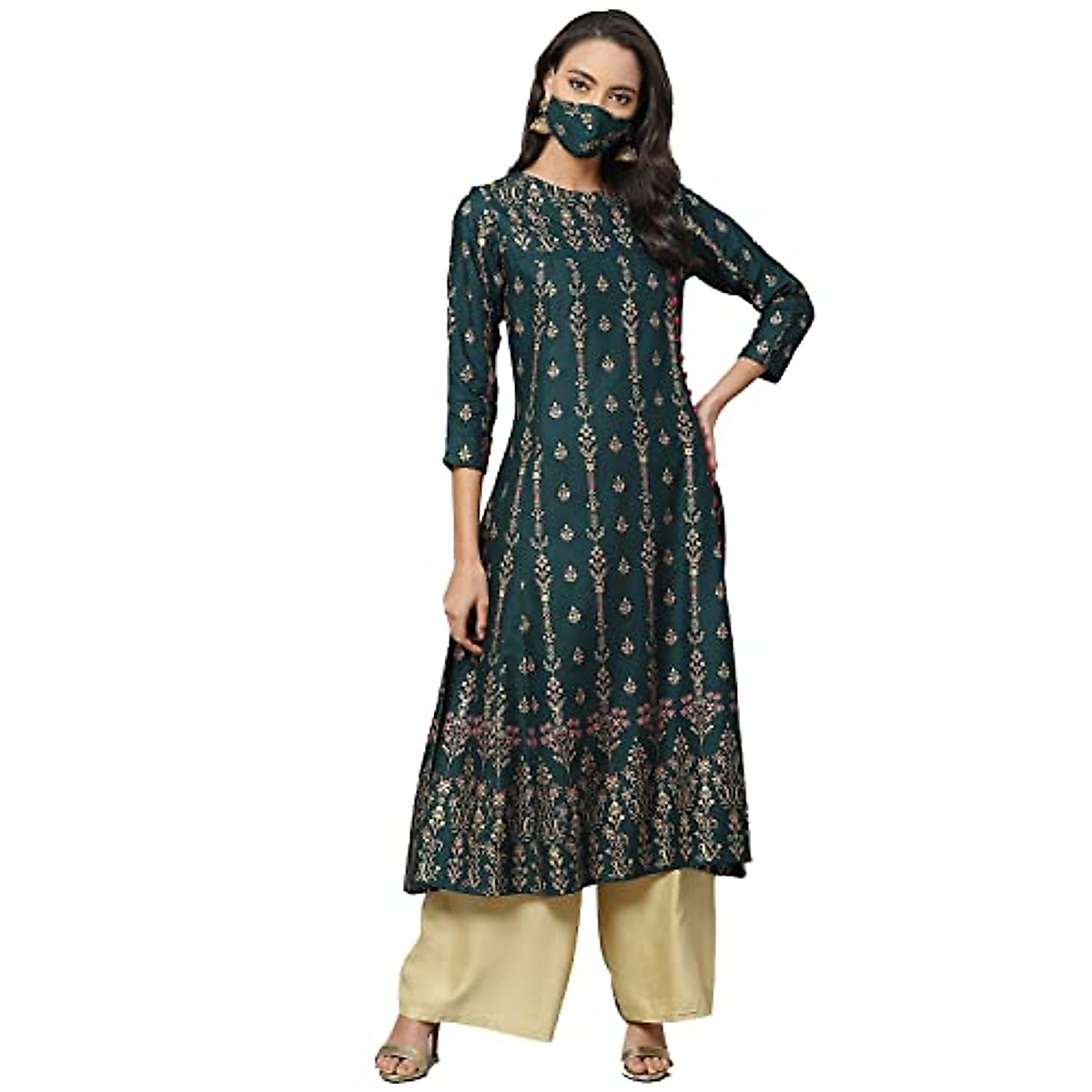 Yash Gallery Women's Plus Size Rayon Floral Print Anarkali Kurta (Dark Green)