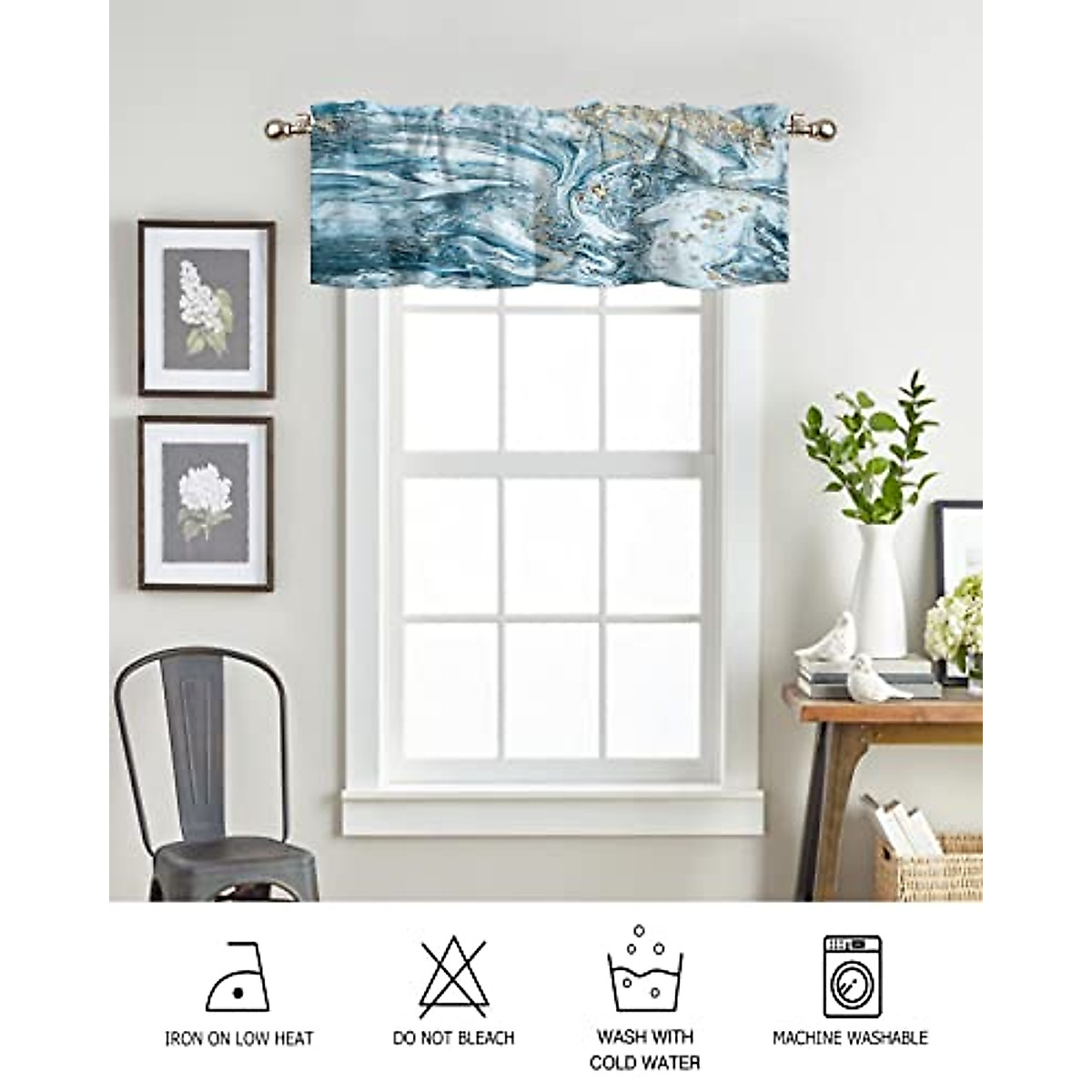 LBHAUSE Art Marble Curtain Valances for Window, Rod Pocket Window Valance Curtain Kitchen Short Curtain for Bedroom Living Room Blue White Gold Liquid Abstract Ocean 60"x18"