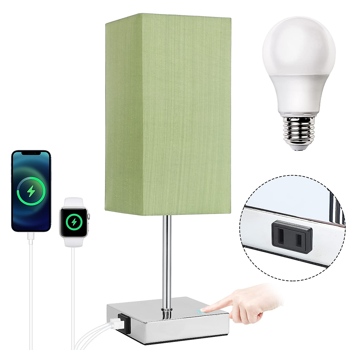 SEEDED-DESIGN Touch Control Table Lamp, Bedside Lamp with USB Port and Outlet, 3-Way Dimmable Nightstand Lamp for Bedroom, Living Room, LED Bulb Included (Square, Green Tea)