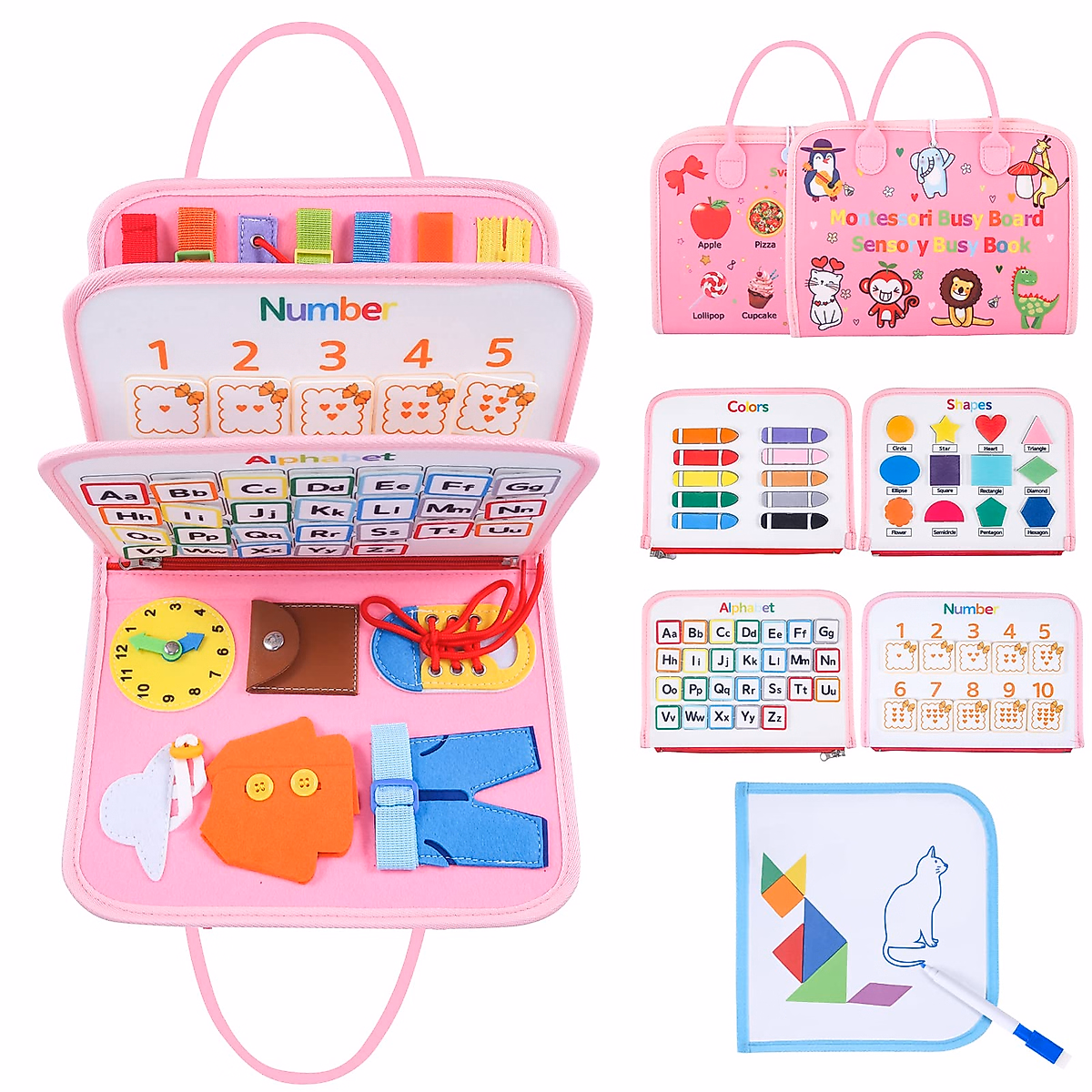 Busy Board Montessori Toys for 1 2 3 4 Year Old Toddlers Sensory Activity Busy Book for Fine Motor Skills, Airplane Car Travel Essentials for Kids Boys Girls