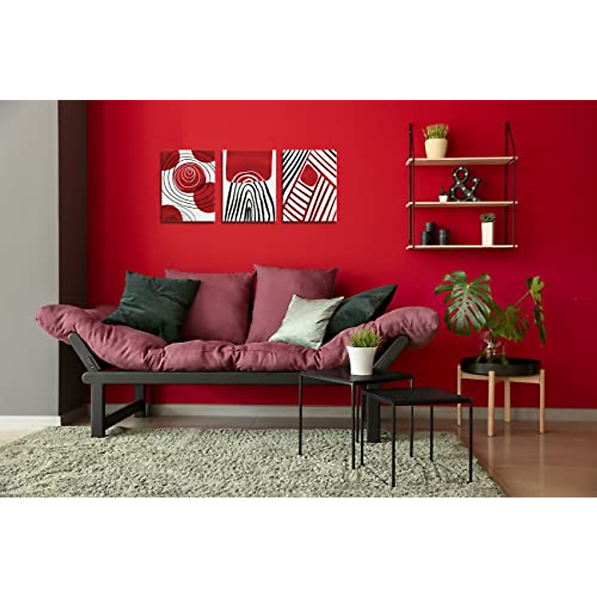 Red Theme Abstract Boho Wall Art Decor Black and White 3 Pieces Stretched and Framed Canvas Painting Black Ink Geometry Wall Art for Living Room Home Office Bathroom Bedroom Wall Decor 12"x16"x3