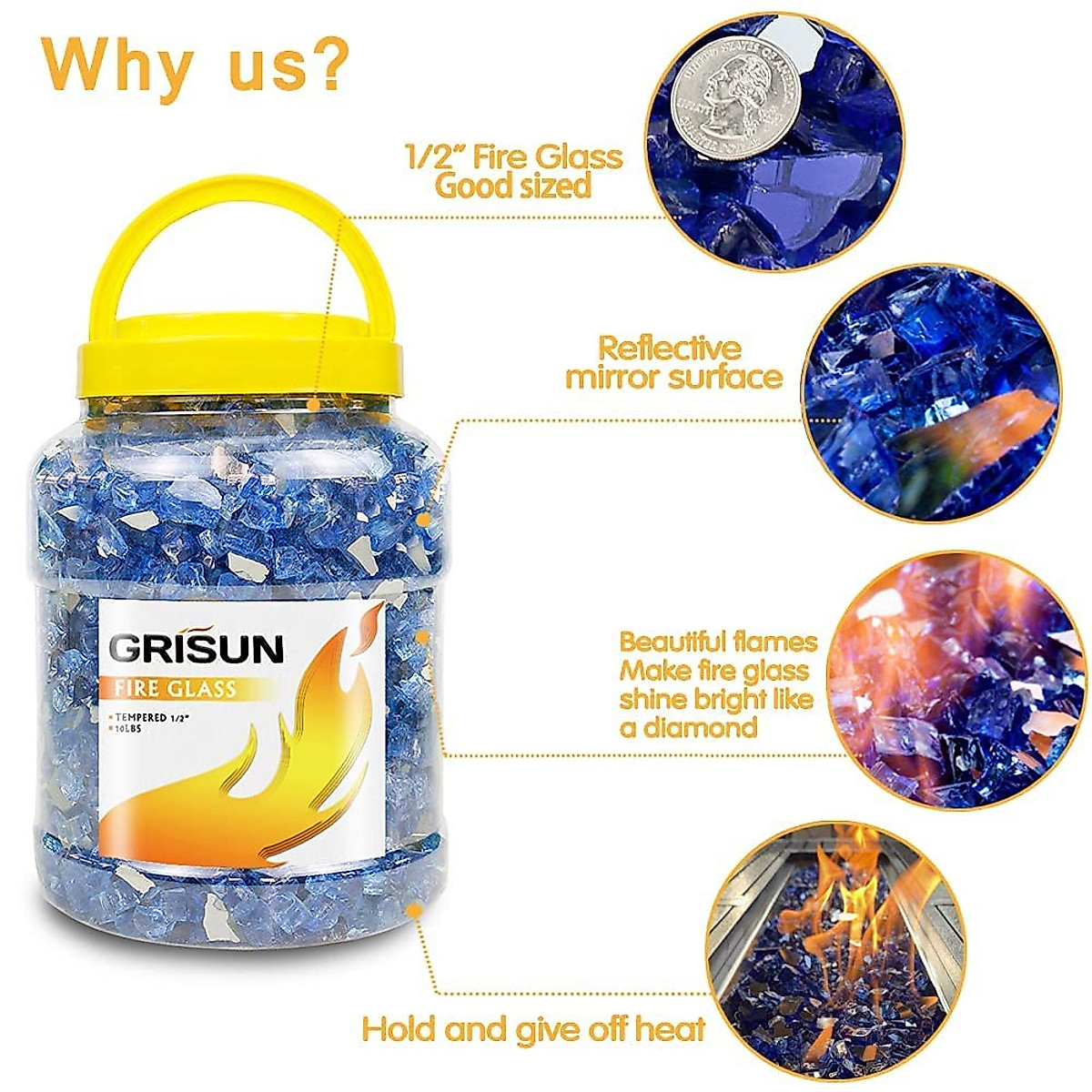 GRISUN Cobalt Blue Fire Glass for Fire Pit 1/2 Inch High Luster Reflective Tempered Glass Rocks, 18 Inch Fire Pit Burner Ring and Installation Kit