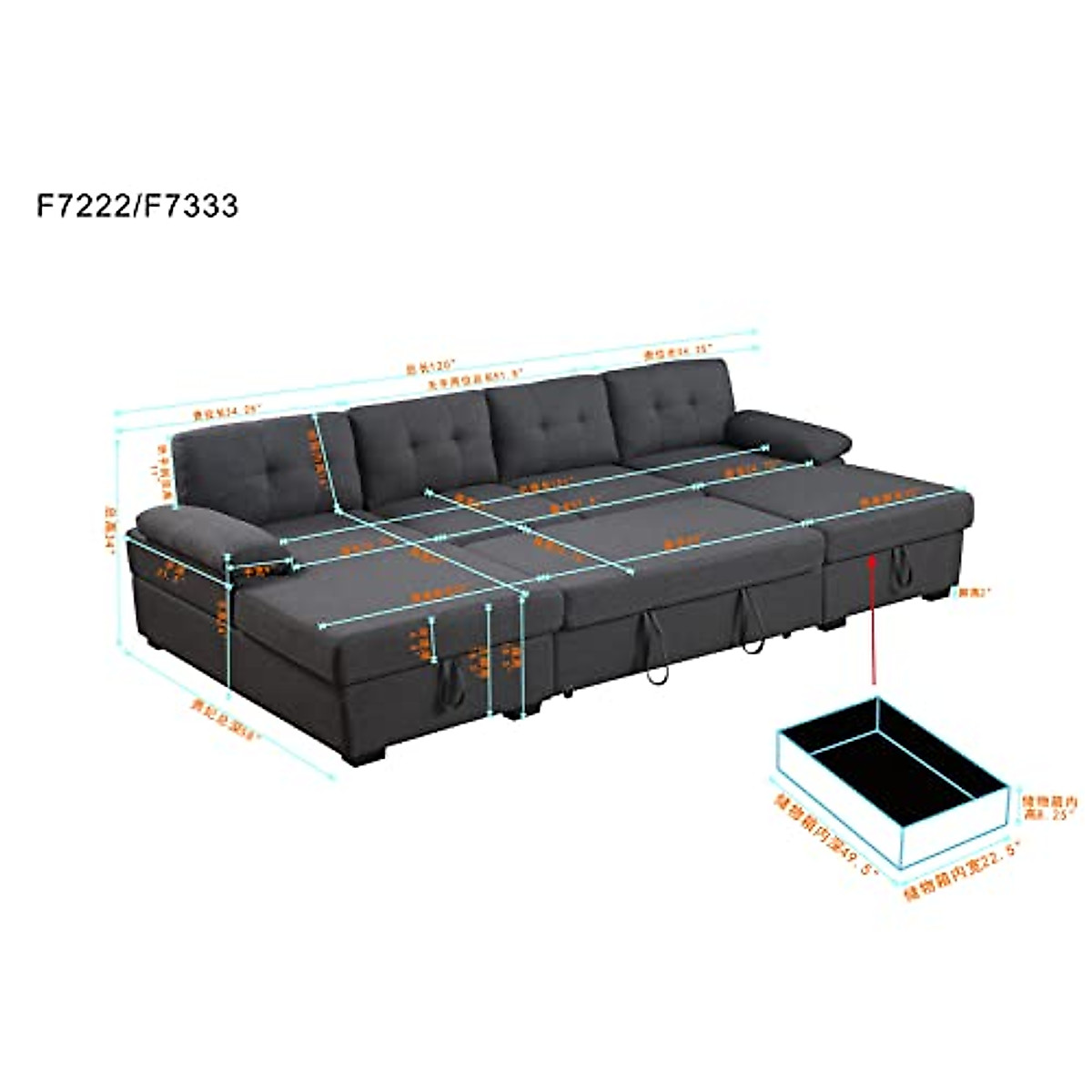 Moxeay Lifestyle Sectional Sofa Set Pull Out Couch U Shaped Sectional Couch with Storage Chaise Modular, Dark Grey