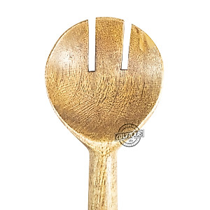 Antique Vibes Natural Wooden Serving Bowl with Tongs Set, Spoons & Fork Included, Premium Handcrafted Printed Bowl Utensils Gift For Mom/Women