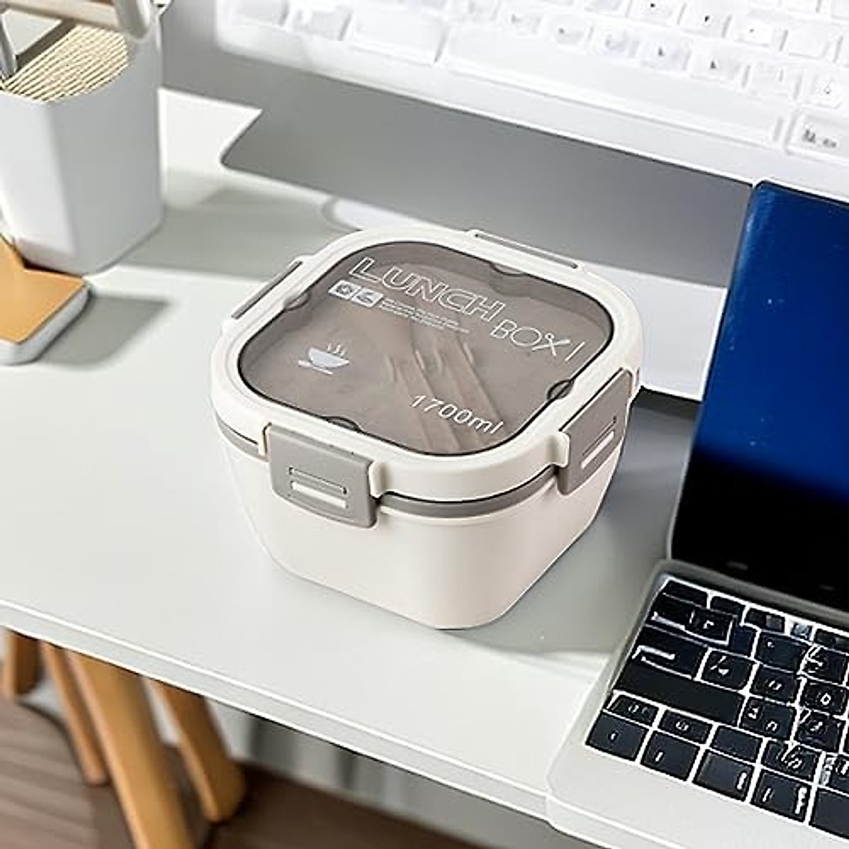 Temiminime Salad Lunch Containers for Adults with Portable Bag,60oz/1.7L Large Plastic Salad Bowls for Lunch, BPA-Free, 4-Compartment Tray & a Sauce Cup, Lid with Dual-Latches, White