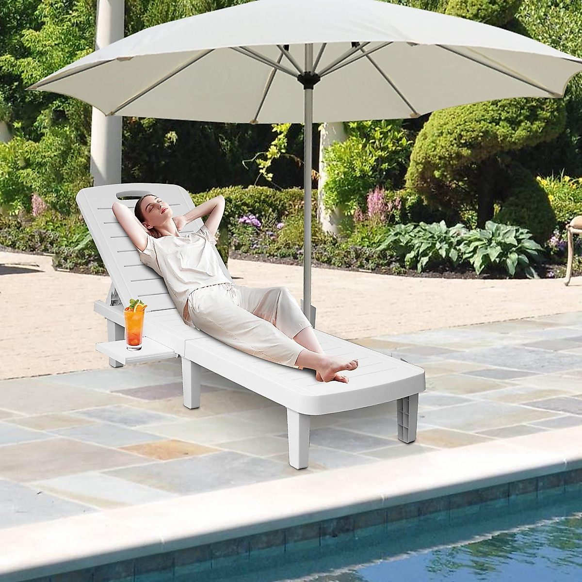 LUCKYERMORE Outdoor Chaise Lounge, Patio Lounge Chairs for Outside, 74" Pool Lounge Chairs wih 4 Level Adjustable Backrest, 350lbs Weight Capacity Plastic White Pool Furniture, Waterproof