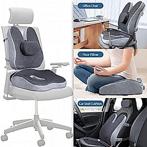 Memory Foam Seat Cushion & Lumbar Support Pillow for Office Chair Car Wheelchair, 3 Piece Chair Cushion Set with Adjustable Straps for Lower Back, Tailbone, Sciatica, Hip Pain Relief, CertiPUR-US