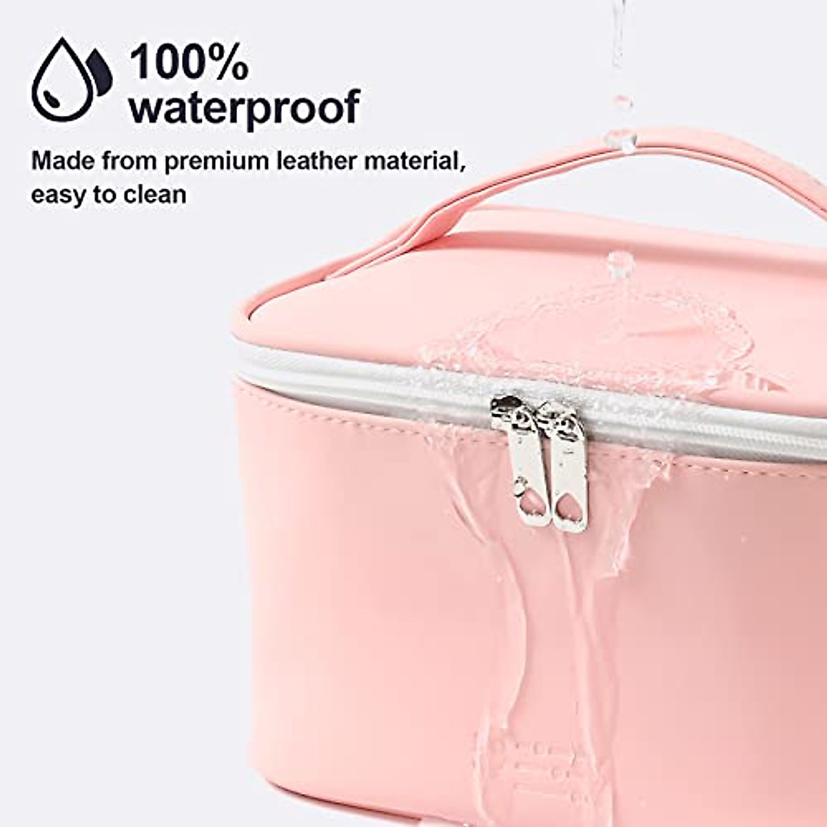 Makeup Bag Portable Travel Cosmetic Bag for Women, Beauty Zipper Makeup Organizer PU Leather Washable Waterproof (Pink)