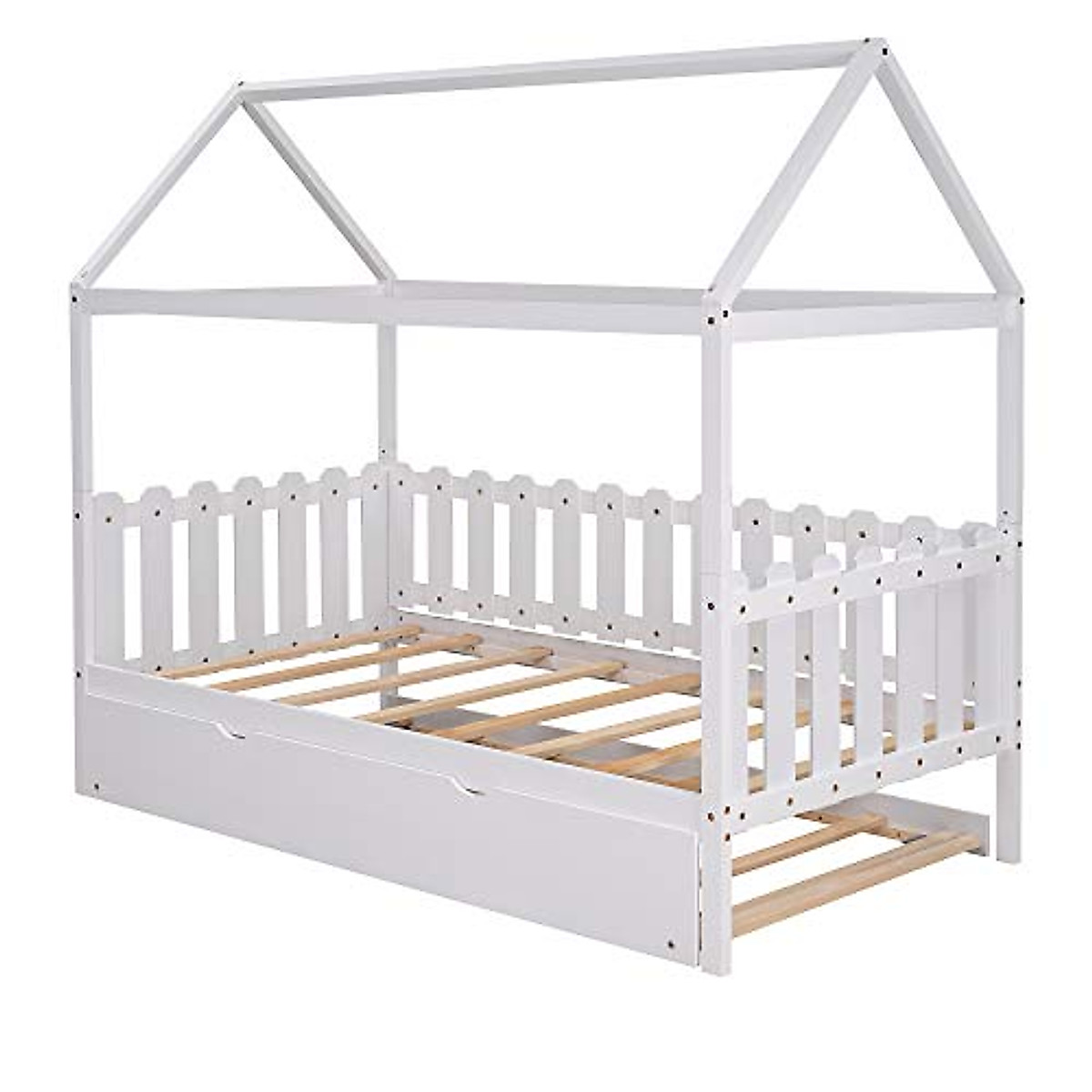 KLMM Low Daybed for Kids, Floor Bed with Trundle Bed, House Shape Wooden Bed Frame with Fence-Shaped Guardrail and Roof, Bedroom Furniture, Can be Decorated, Tent, Twin (White+Fence-Shaped Guardrail)