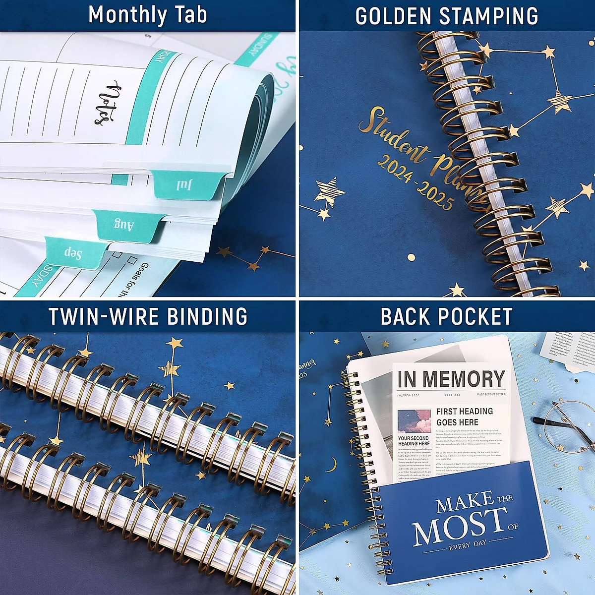 Student Planner 2024-2025 - School Planner, JUL 2024 - JUN 2025, 6.3" x 8.4", Monthly Weekly Planner/Agenda, Thick Paper + Holidays + 3-Hole Punched + Twin-Wire Binding, Stickers, Blue