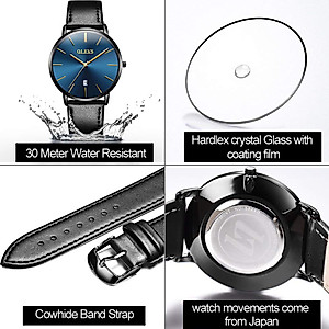 OLEVS Men's Ultra Thin Slim Big Face Date Leather Analog Wrist Watches Waterproof for Male Teen Boys Gift Classic Casual Minimalist Blue Large Dial Rose Gold Quartz Watch with Retro Genuine Band Black