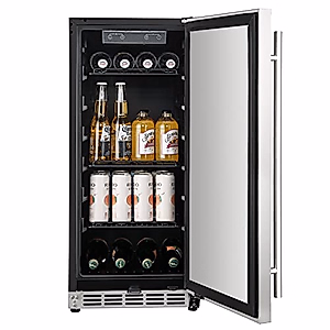 HCK Beverage Refrigerator 15 Inch, Under Counter Beverage Fridge with Stainless Steel Door, 3.18 cu.ft Built-in and Freestanding Outdoor Mini Fridge for Patio, Outdoor Kitchen, Soda and Beer