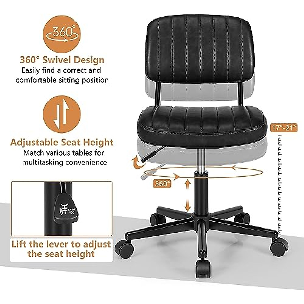 Giantex Leather Office Chair, Armless Low-Back Computer Desk Chair, Retro Swivel Rolling Task Chair Height Adjustable PU Leisure Office Chair for Kids Teens Adults (2, Black)