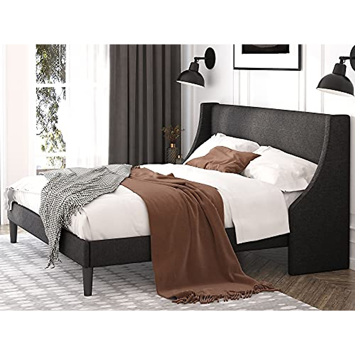 Einfach King Size Platform Bed Frame with Wingback Headboard/Fabric Upholstered Mattress Foundation with Wooden Slat Support, Dark Grey