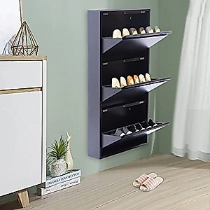 SHIOUCY Grey Shoe Cabinet with 3 Flip Drawers, Shoe Storage Cabinet Wall Mounted, Freestanding Shoe Rack Storage Organizer for Entryway, Hallway, and Corridor