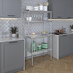 24" x 36" Stainless Steel Work Table with 18" Wide Double Tier Overshelf | Metal Kitchen Prep Table & Shelving Combo
