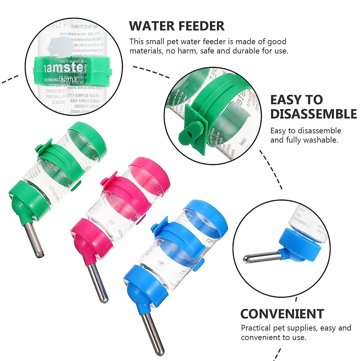 POPETPOP 3 Pcs Hamsters Water Bottle - 2.7 oz Automatic No Drip Hanging Drinking Dispenser, Small Animals Water Feeder Drinking Fountain for Guinea Pig Squirrel Rabbit Dwarf Gerbil Chinchilla