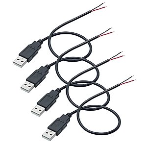 Short USB A Male 2 Pin Bare Wire,30cm/11.8in USB A 12V/3A Pigtail Open End Power Cable,for and USB Equipment Installed or Replace Repair DIY Cable(4PCS)