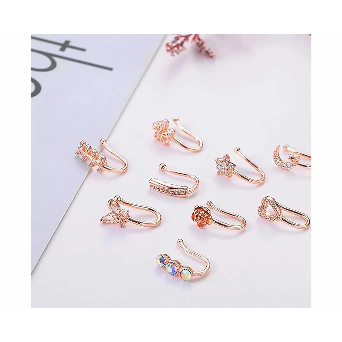 Barnabys Nose Cuffs Non Piercing. Pack of 9 Nose Cuffs - Silver With Rhinestones. 9 Stylish Designs to choose from - Nose Cuff Jewellery for Non Pierced Nose - Clip on Design - Silver