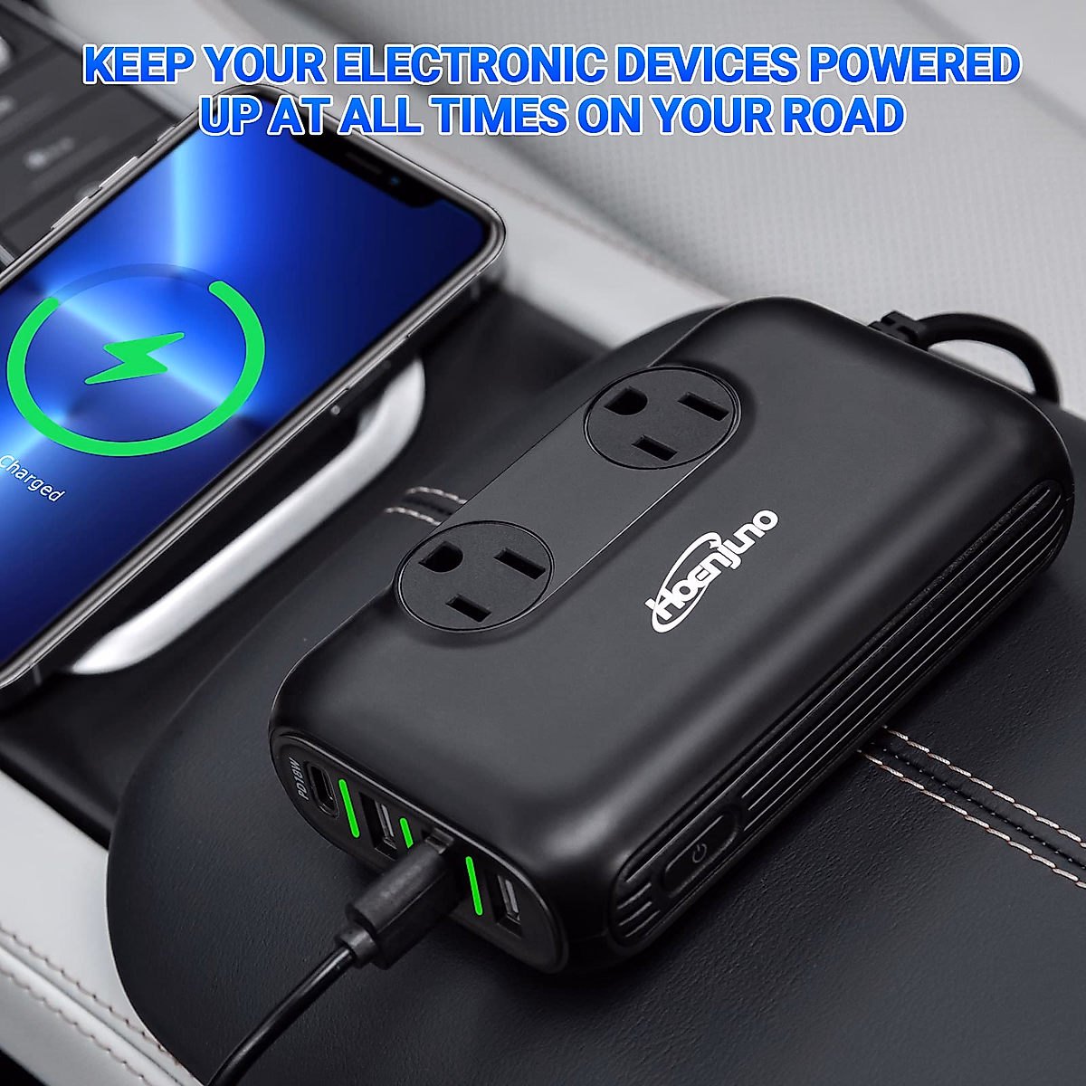 Hoenjuno 200W Car Power Inverter DC 12V to 110V AC Loptop Car Charger, 3 USB Ports Car Adapter Outlet Plug with 1 Type C Ports Black