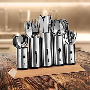 Bruntmor, 18/8 Stainless Steel Flatware Organizer Holder Caddy With Wood Base. Use for 12 knives, forks, spoons, coffee spoons and pastry forks, on a wooden stand made from rubberwood.