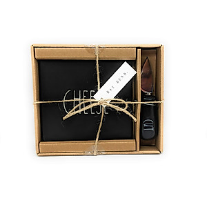 Rae Dunn by Magenta"CHEESE""CUT" in large letters LL Cheese cutting board and Cheese Knife Set in Gift Box (BLACK with WHITE Lettering)
