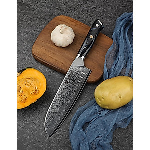 SANMUZUO Santoku Knife - 7 inch - Xuan Series - VG10 Damascus Steel Kitchen Knife - Resin Handle (Starry Black)