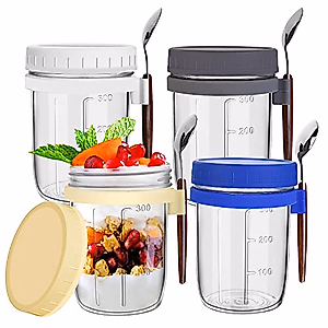 AeKahtay 4 Pack Overnight Oats Containers with Lids and Spoons, 16 oz Glass Mason Overnight Oats Jars, Cereal, Milk, Yogurt Meal Prep, Oatmeal Jars with Lids Ideal for Home, Office Grab and Go