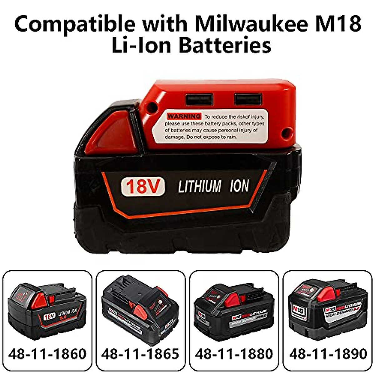 SINTENT Taingwei Battery Adapter for Milwaukee 18V Battery USB Charger and 12V DC Port and 3W LED Work Light - Compatible with Milwaukee M18 Lithium-Ion Batteries,Red,MWQ-090