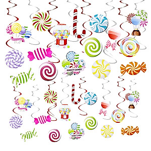 42 Pcs Candyland Party Swirls Decorations Colorful Lollipop Candy Cutout Hanging Swirls Wall Ceiling Hanging Foil Spirals Sweet Candy Themed Party Decors for Sweet Shop Baby Shower Party Supplies