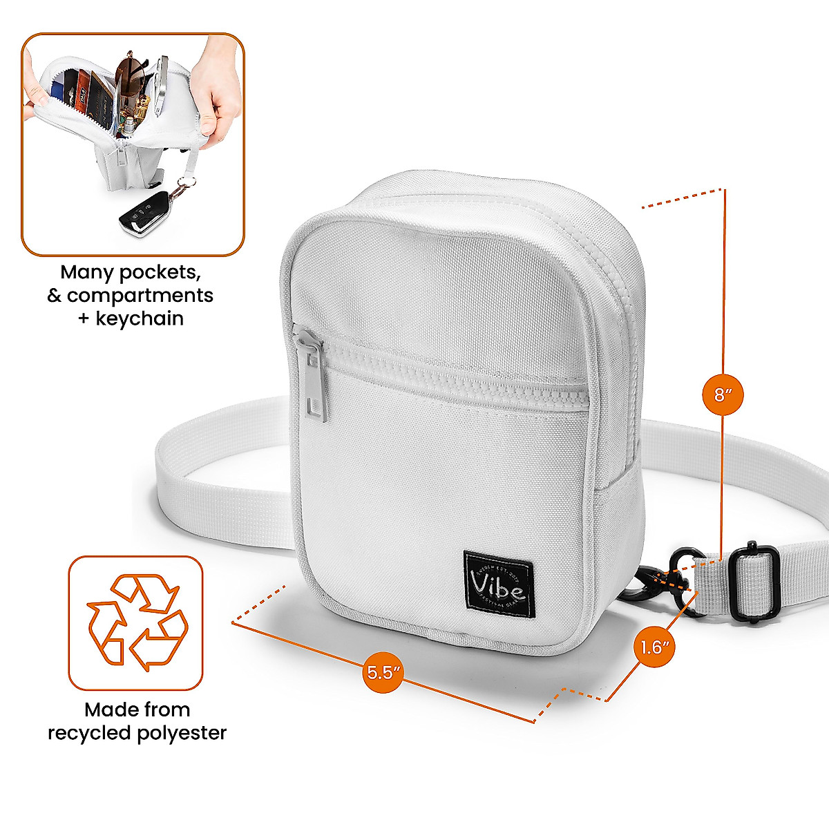 Vibe Festival Gear Small Crossbody Sling Bag for Women Men 5in1 Multi-Use from (rPET) Recycled Polyester Belt Bag Cross Body Backpack Fanny Pack Purse - White