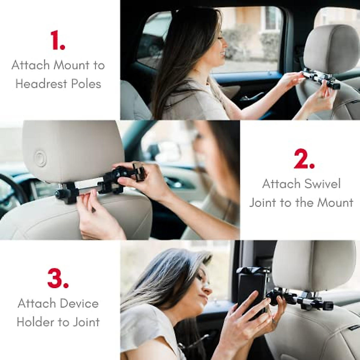 Macally Car Headrest Mount - Road Trip Essentials for Kids - Back Seat Tablet Holder for Car, Compatible with iPad Pro / Air / Mini, Nintendo Switch, Phones with Dual Positions and 360° Rotation