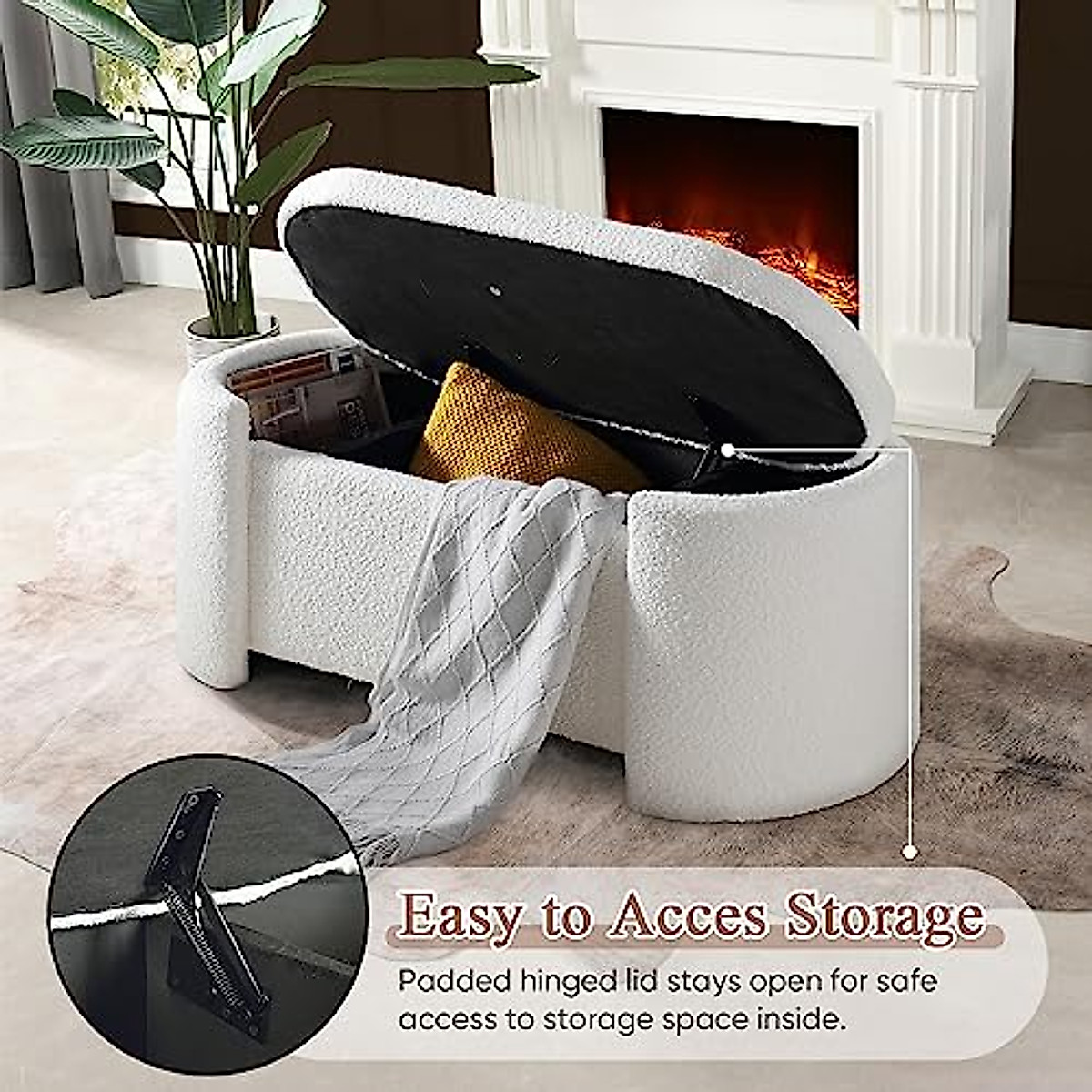 Deolme White Boucle Storage Ottoman Bench- Modern Wooden Indoor Upholstered Storage Bench End of Bed Stool Sherpa Bench Bedside with Safety Hinge for Bedroom, Living Room Seating, Entryway