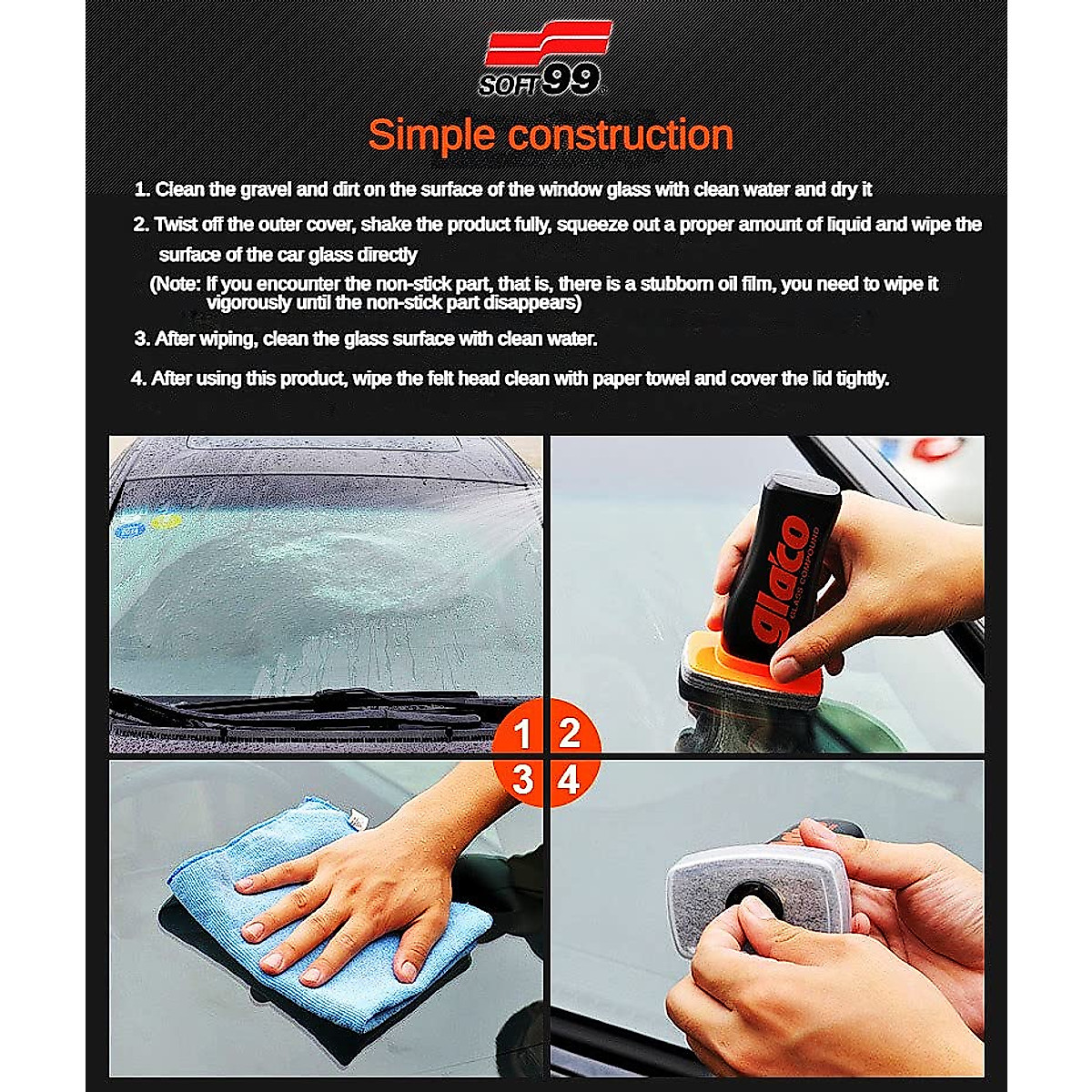 Golden Hoo Windshield Oil Film Cleaner, Remove Aging Coating Layer, Rear View Mirror Cleaner, Clean Glass, Clear Vision，soft99