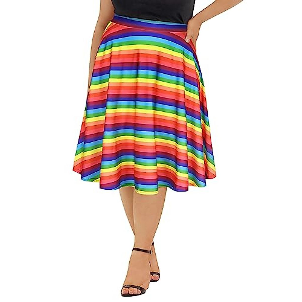 CARCOS Plus Size Skater Skirts for Women Midi Length 5X High Elastic Waist Rainbow Flowy Flattering Waistand Flare A-Line 5XL 28W