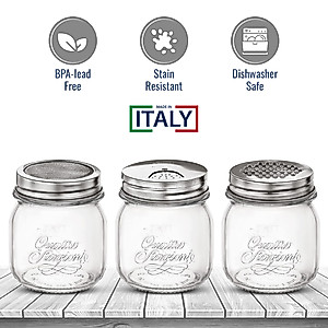 Bormioli Rocco Quattro Stagioni Variety Pack, Set Of 3 Mason Jars - Salt And Spice Shaker - Grater - Sifter, Strainers, Sieve - 8.5 Oz. Durable Glass, Stainless Steel Lid, Made In Italy.